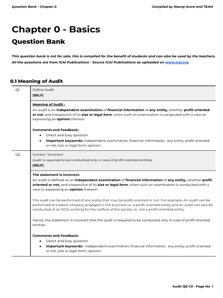 Audit Basics Question Bank for Students | PDF | Audit | Internal Control