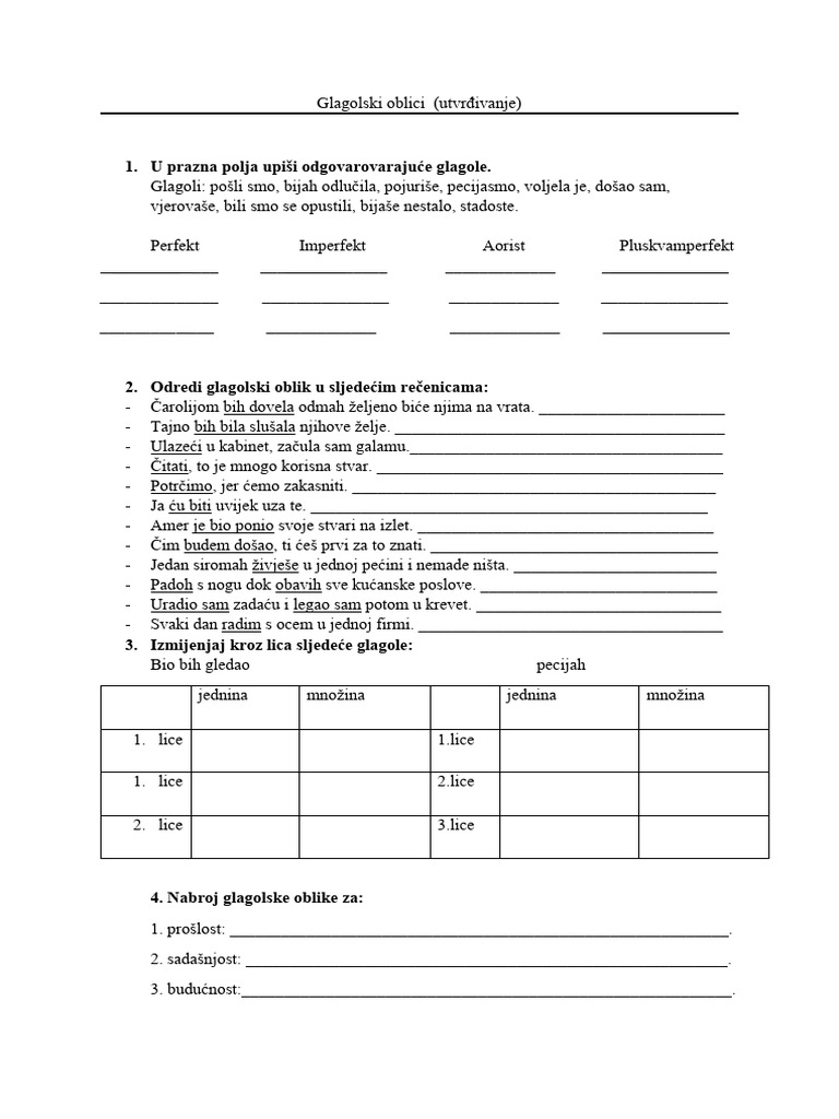 Glagolski Oblici - Vježba | PDF