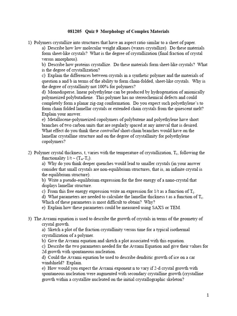 Quiz 9 Morphologyof Complex Materials | PDF | Polymers | Crystal