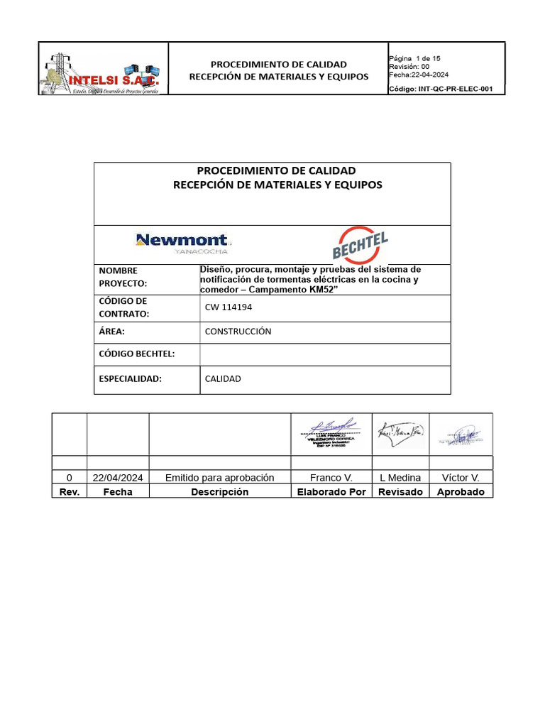 Int-Qc-Pr-Elec-001 - Rev0 - Procedimiento de Calidad de Recepción de Materiales y Equipos ...