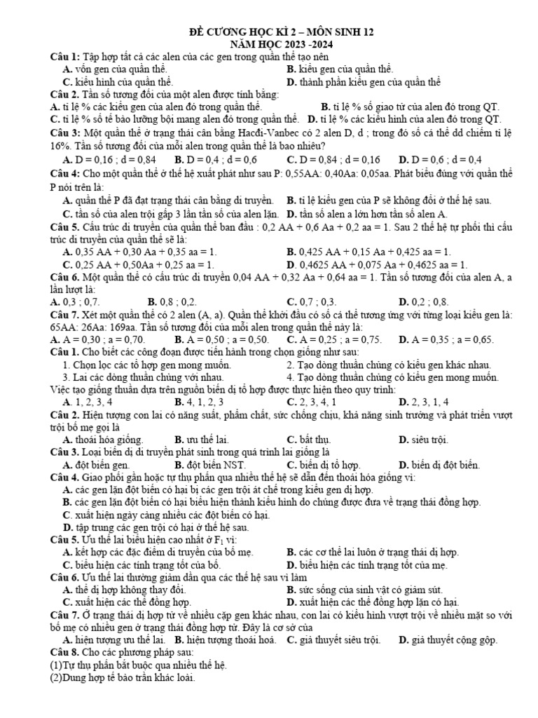 ĐỀ CƯƠNG CUỐI HK2 SINH 12 2024 | PDF