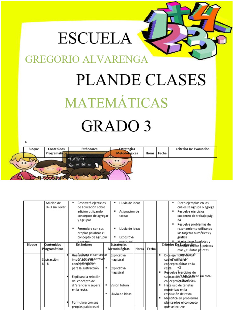 Planes-de-Clase-1°-Grado (1).............. | PDF | Sustracción | Matemáticas