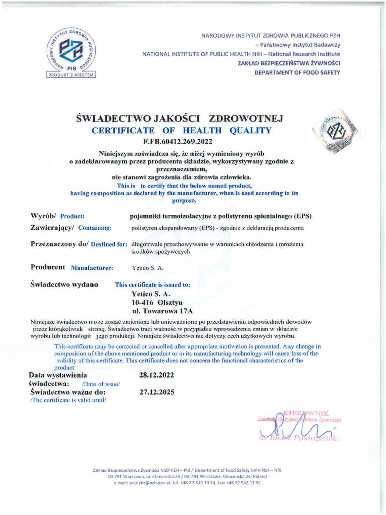 Swiadectwo Jakosci Zdrowotnej PZH - Webox | PDF