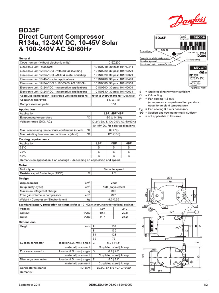 Sprezarka Danfoss BD35F - Karta Produktu | PDF | Electric Motor ...