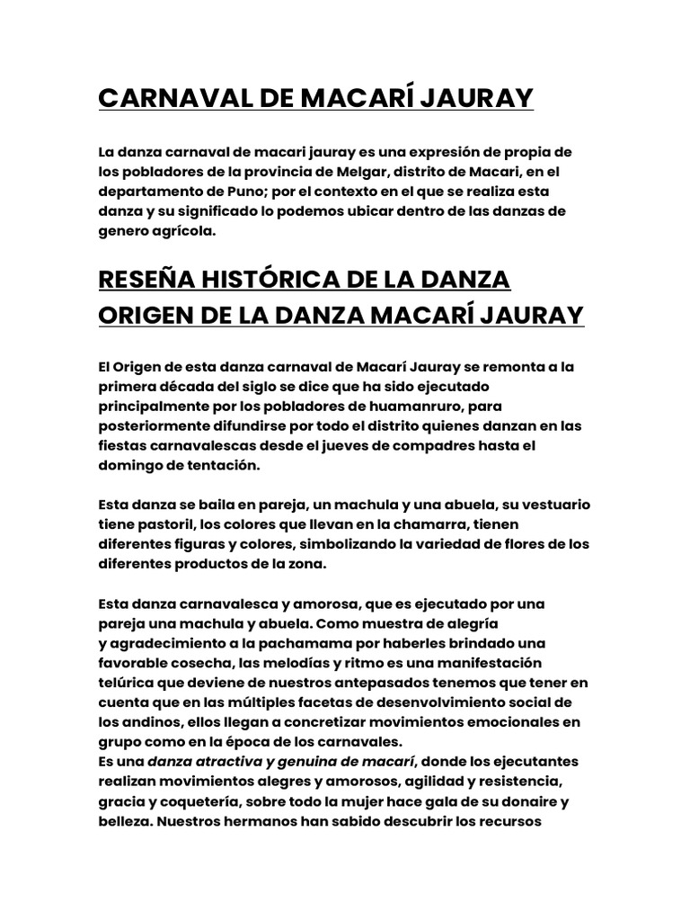 Danza Macarí Jauray: Tradición y Cultura | PDF | Carnaval | Bailes