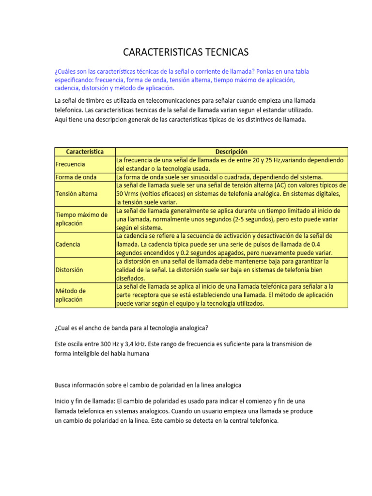 Caracteristicas Tecnicas | PDF | Teléfono | Señal analoga