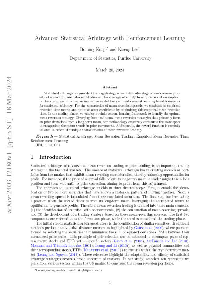 Advanced Statistical Arbitrage with Reinforcement Learning - Ning | PDF | Arbitrage