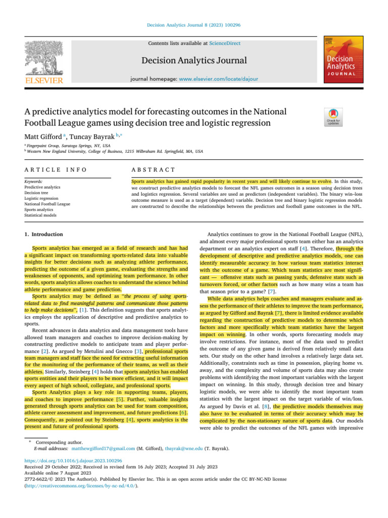 A Predictive Analytics Model For Forecasting Outcomes in The National Football League Games ...