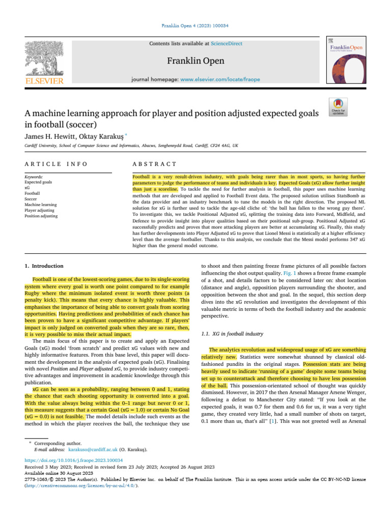 A Machine Learning Approach For Player and Position Adjusted Expected Goals in Football (Soccer ...