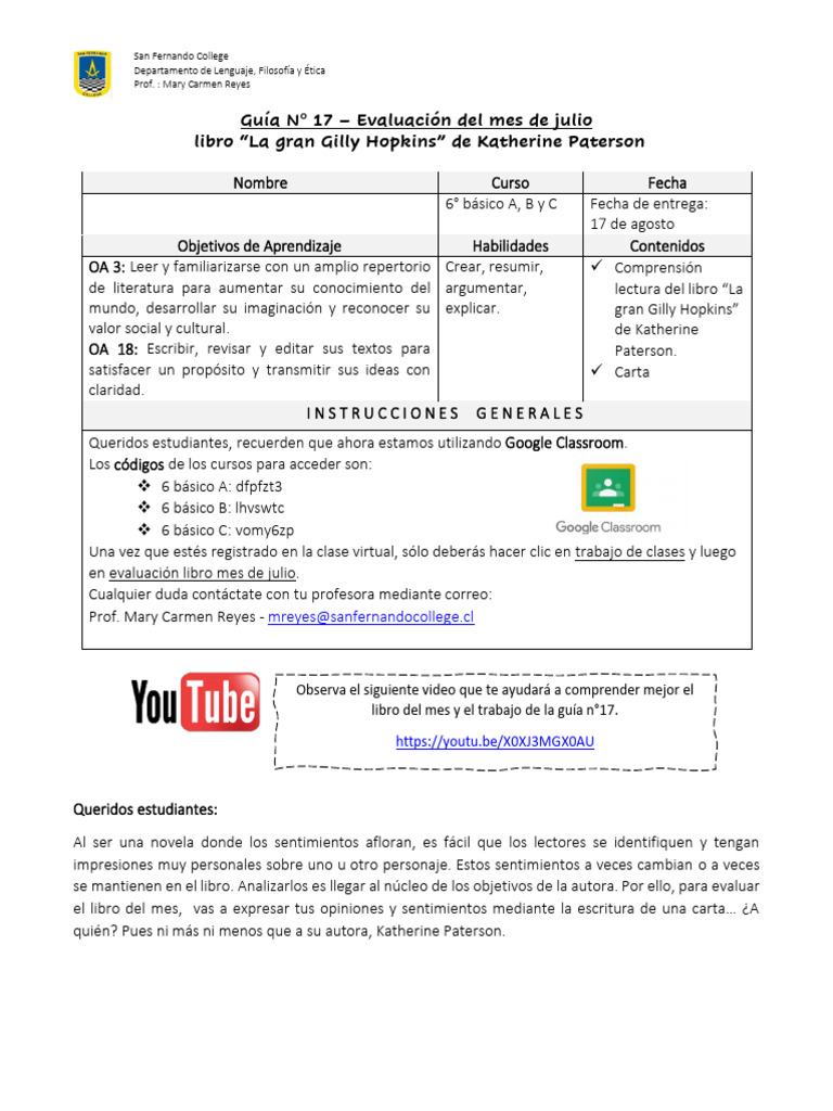 Evaluación de "La gran Gilly Hopkins" | PDF | Libros | Escritura