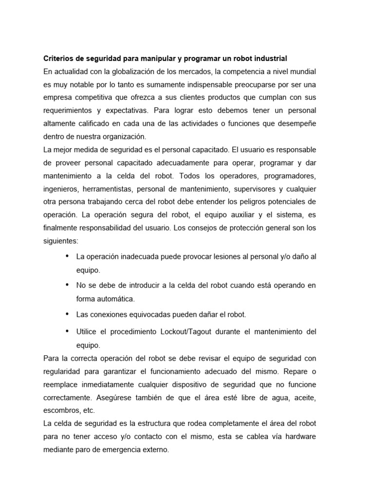 Criterios de Seguridad para Manipular y Programar Un Robot Industrial | PDF | Robot | Robótica