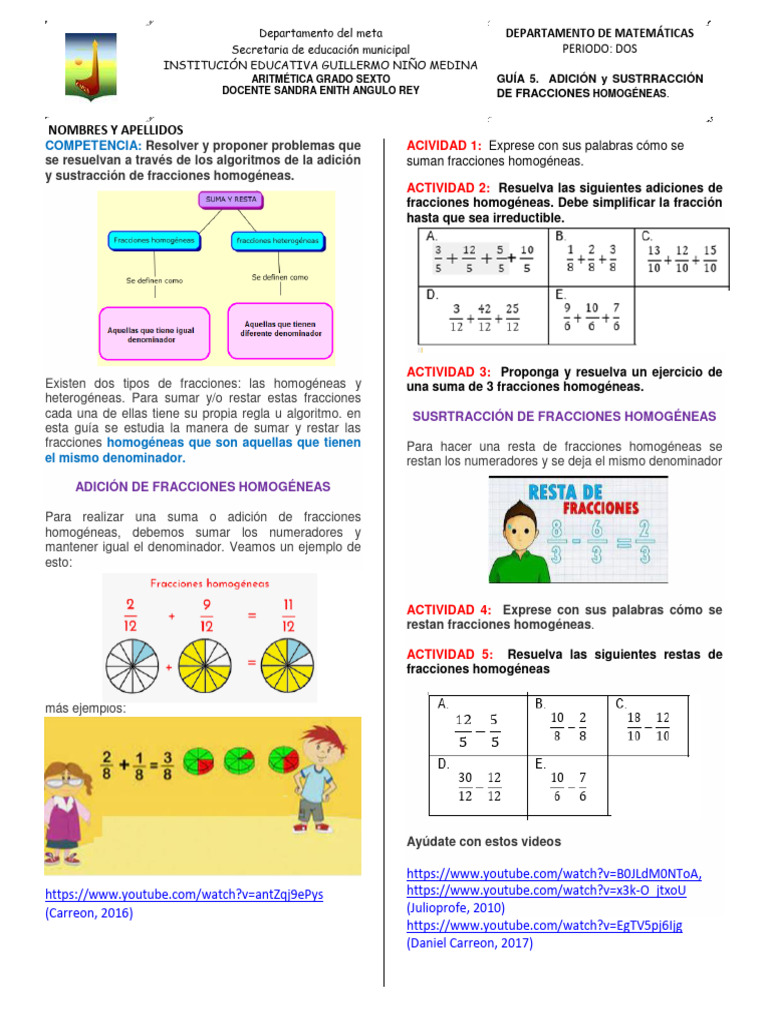 Guía 5. Adición de Fracciones Homogéneas | PDF | Sustracción | Aritmética