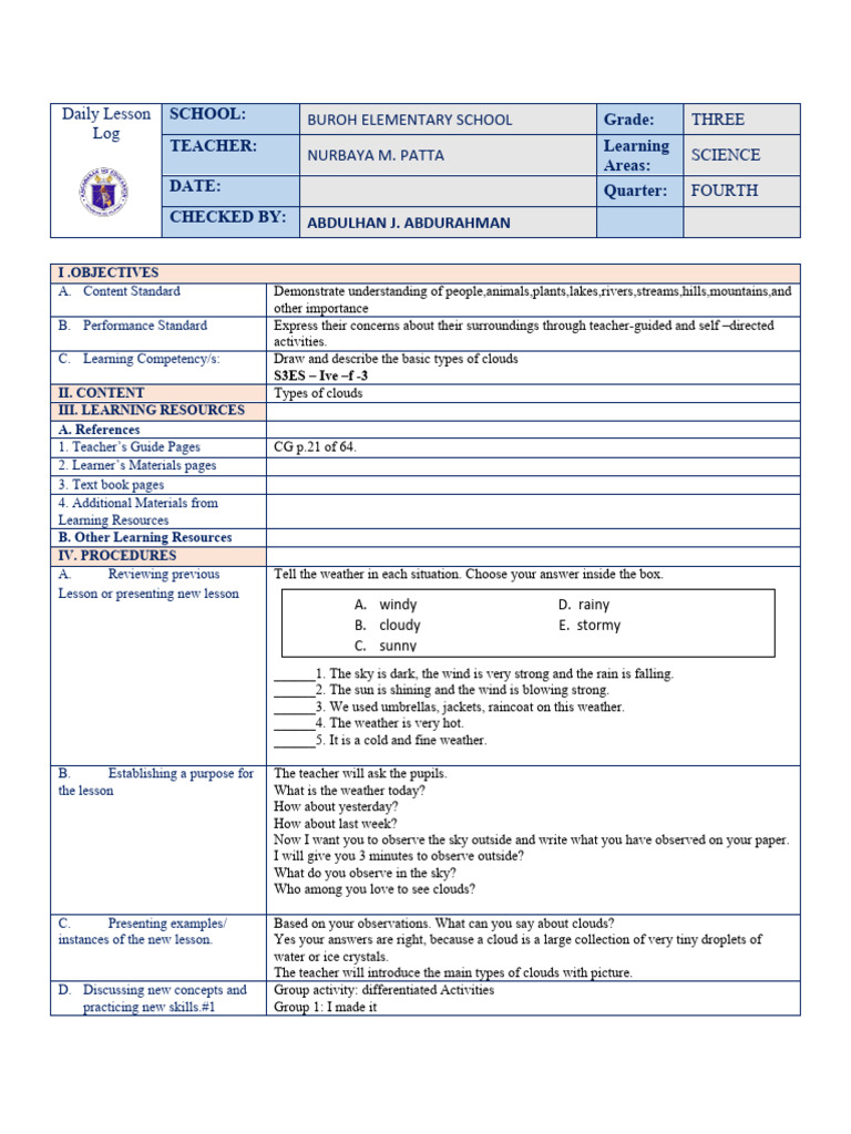 Grade 3 COT DLP Q4 Science | PDF | Cloud | Sky