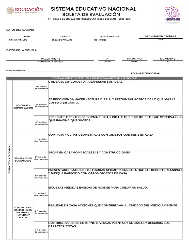 Boleta de Evaluación Preescolar 1er Grado | PDF | Evaluación ...