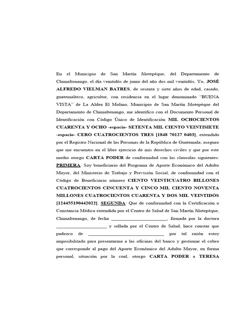 CARTA PODER para Pension Por Vejez | PDF | Guatemala