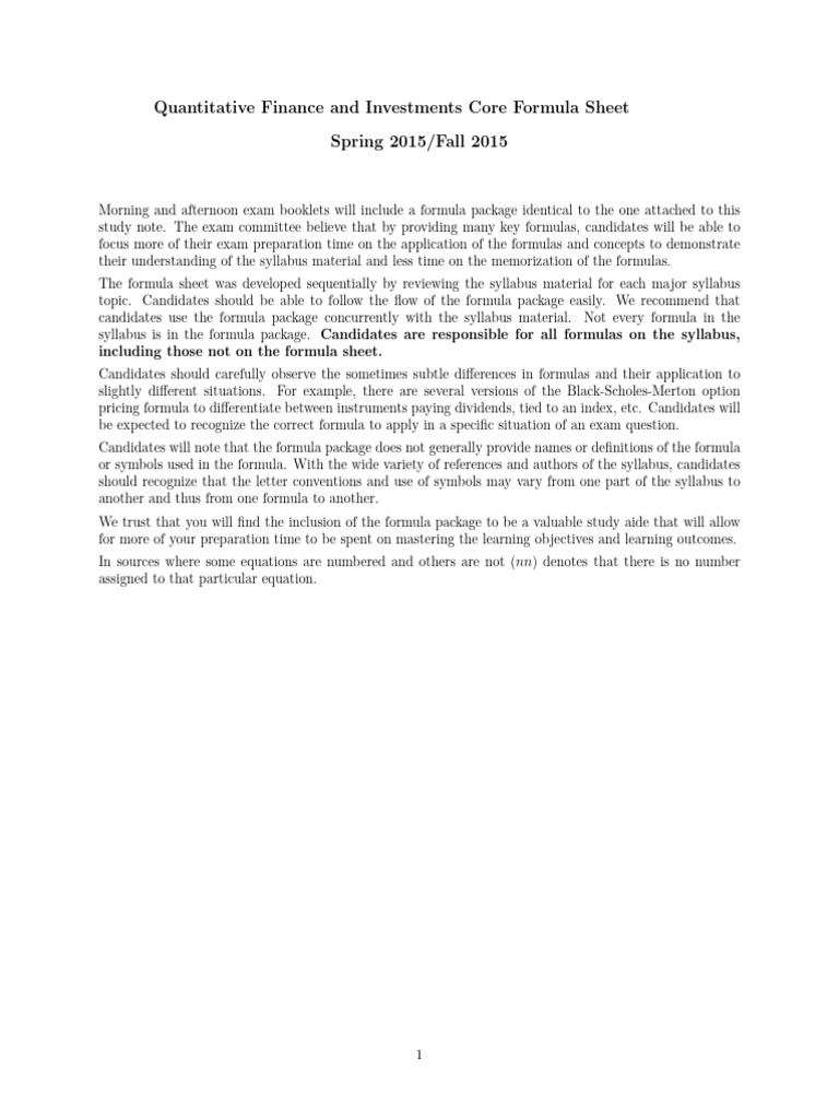 Quantitative Finance Formula Sheet | PDF | Black–Scholes Model ...