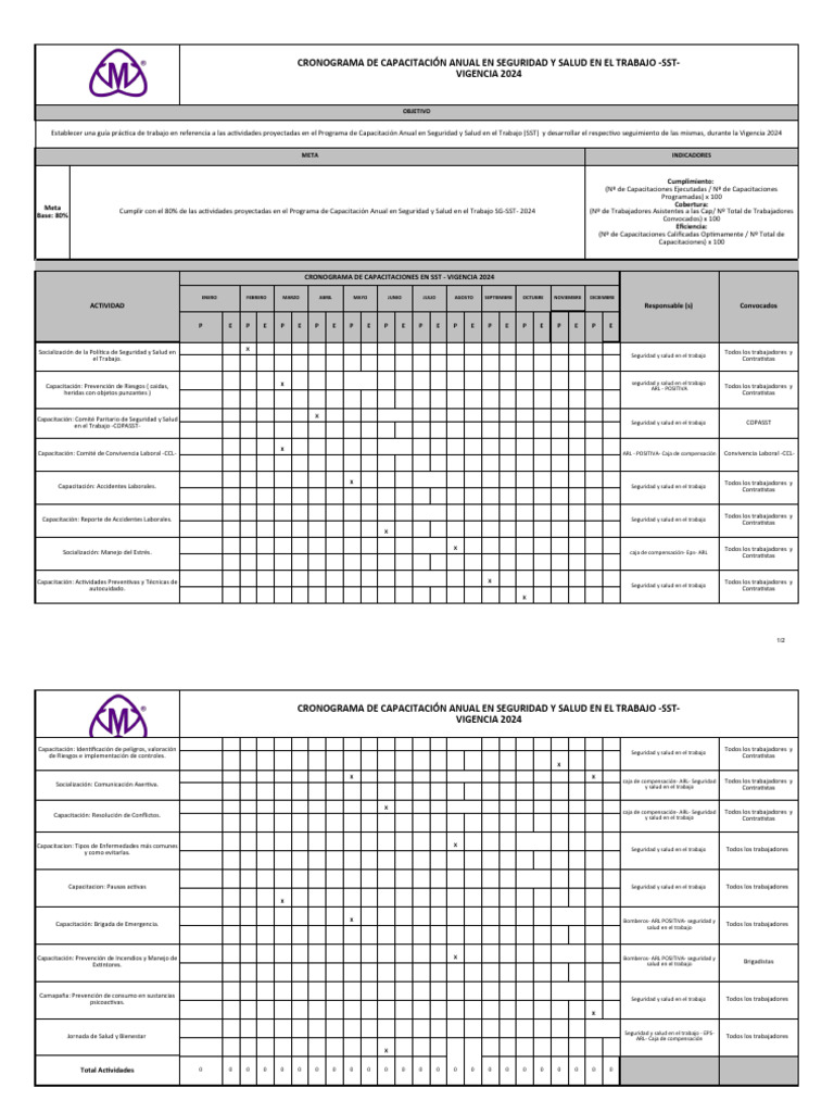 Cronograma de Capacitacion SG-SST 2024 | PDF