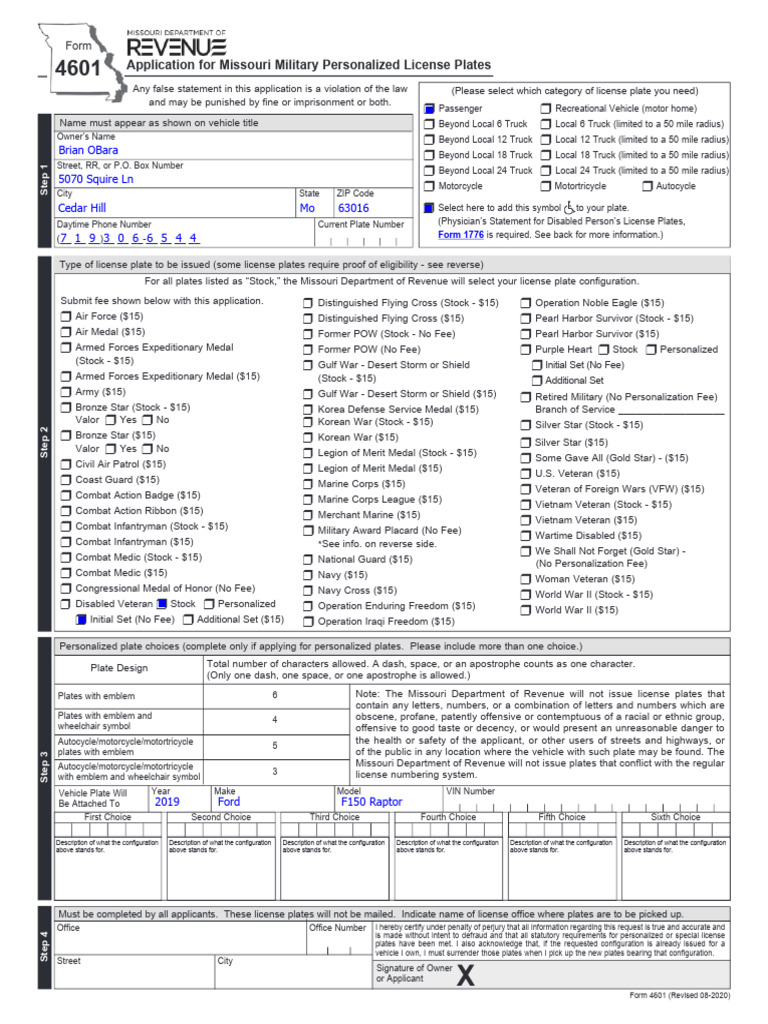 Form 4601 - Application For Missouri Military Personalized License ...