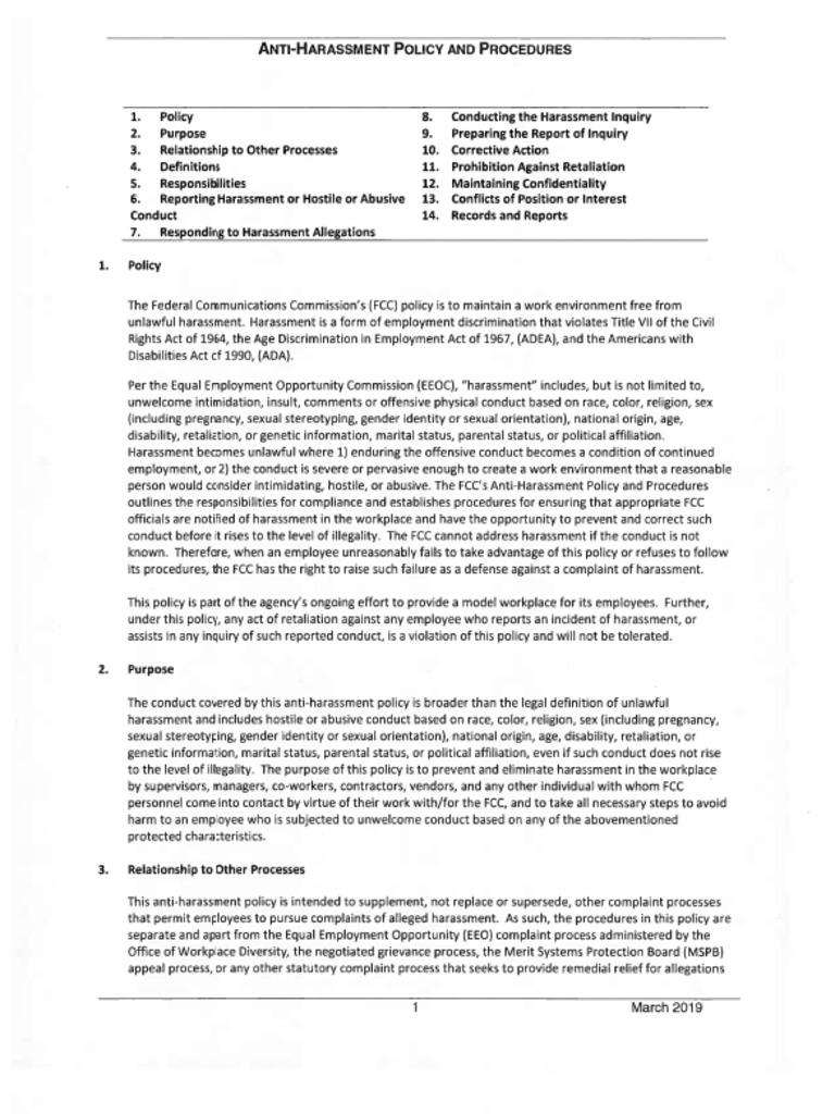 FCC Anti-Harassment Policy Overview | PDF | Sexual Harassment | Equal ...