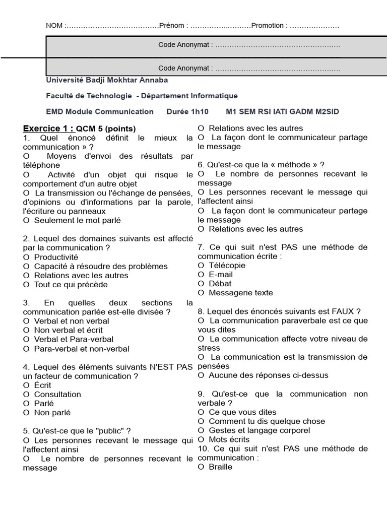 Examen Communication 2023-24 | PDF | la communication | Communication non verbale