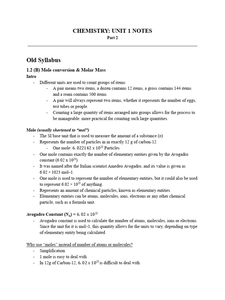 PT 2. UNIT 1 - Chemistry Notes | PDF | Mole (Unit) | Physical Sciences