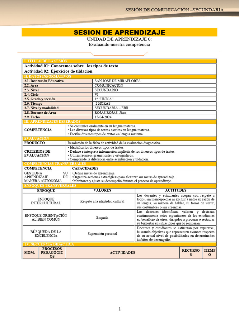 1° SESION ACTV O -COMUNICACIÓN 2024 | PDF | Evaluación | Aprendizaje