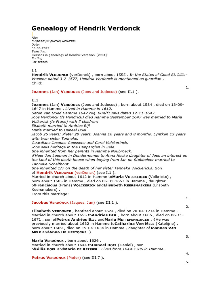 Genealogy of Hendrik Verdonck | PDF | Kinship And Descent