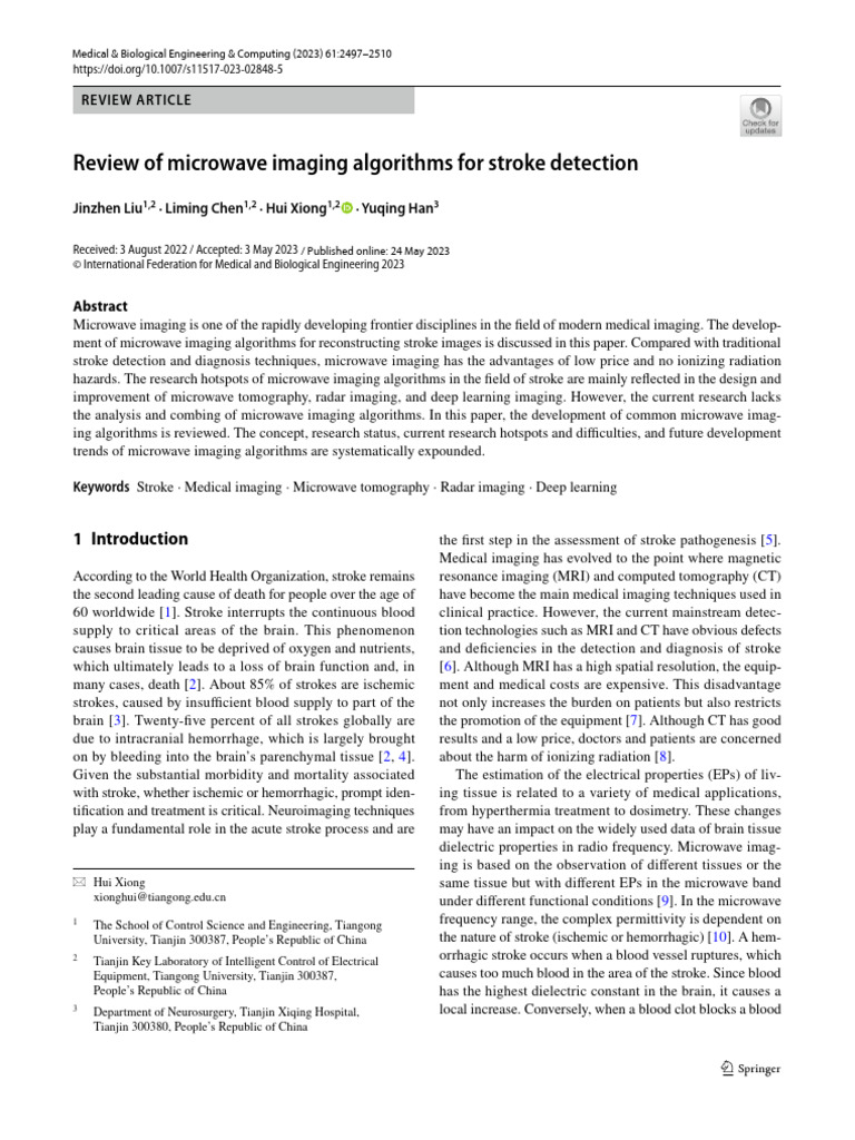 Review of Microwave Imaging Algorithms For Stroke Detection: Jinzhen Liu Liming Chen Hui Xiong ...