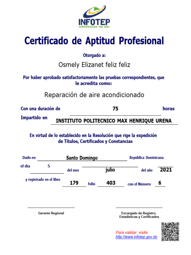 Certificado de Infotep Osmeli | PDF