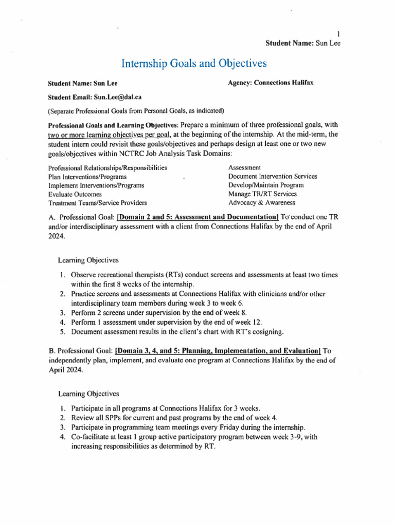 Internship Goals Objectives Lee b00883386 2 | PDF