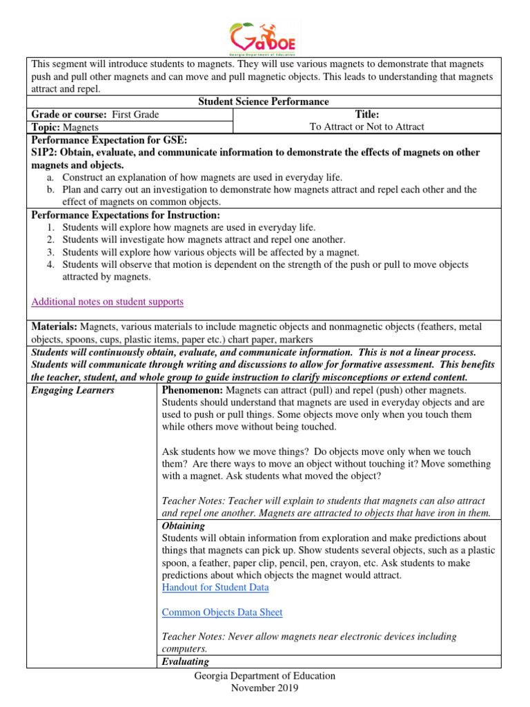 First Grade Magnet Science Lesson | PDF | Magnet | Teachers