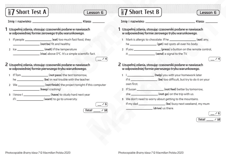 Brainy kl7 Short Tests Unit 7 Lesson 6 | PDF