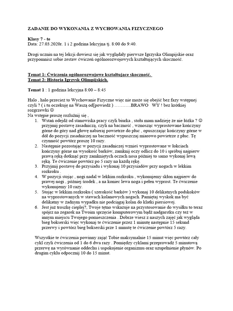 270320r Zadanie Do Wykonania Klasy 7 Z WF | PDF