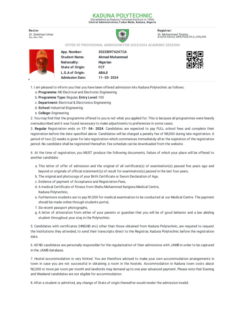 KADPOLY - Admission Letter | PDF