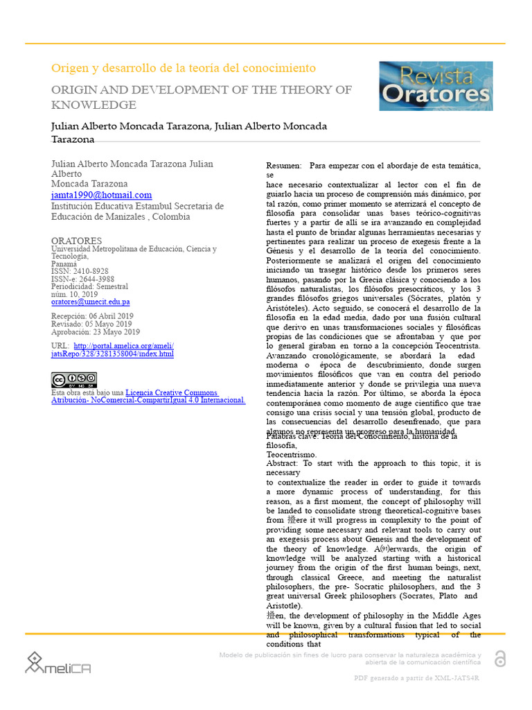 Origin and Development of The Theory of Knowledge: Origen y Desarrollo ...