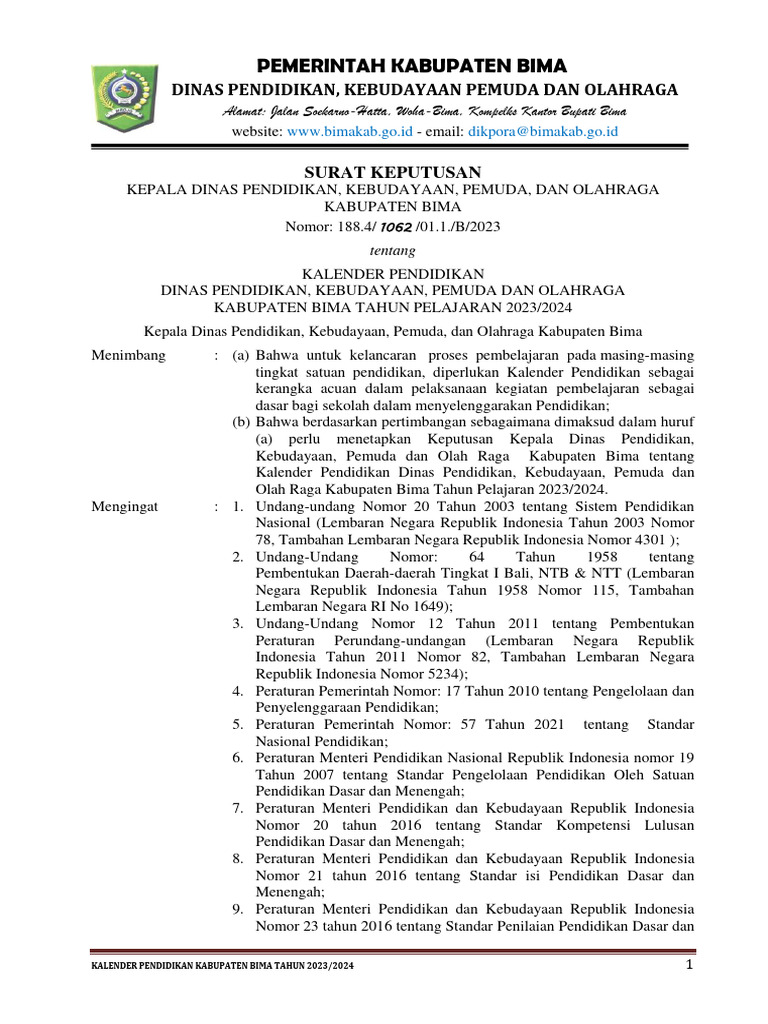 Kalender Pendidikan Bima 2023/2024 | PDF