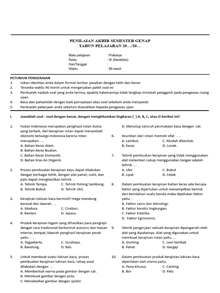 Soal Penilaian Prakarya Kelas IX | PDF