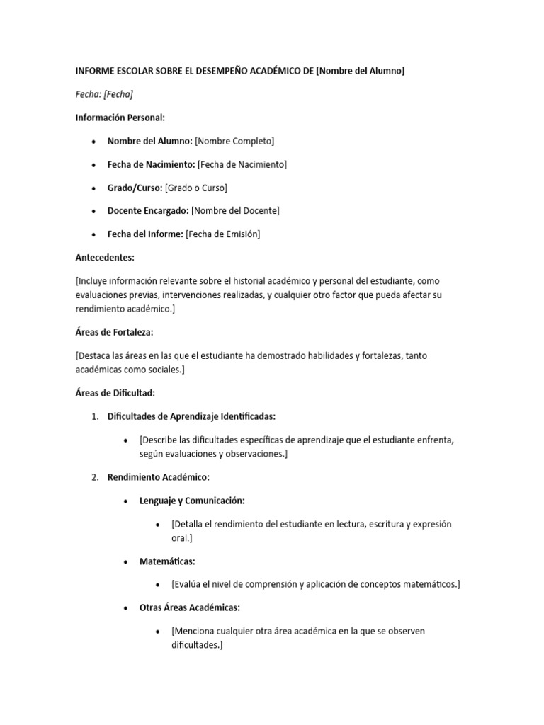 Modelo de Informe Escolar de Un Alumno Con Dificultades de Aprendizaje | PDF | Evaluación ...