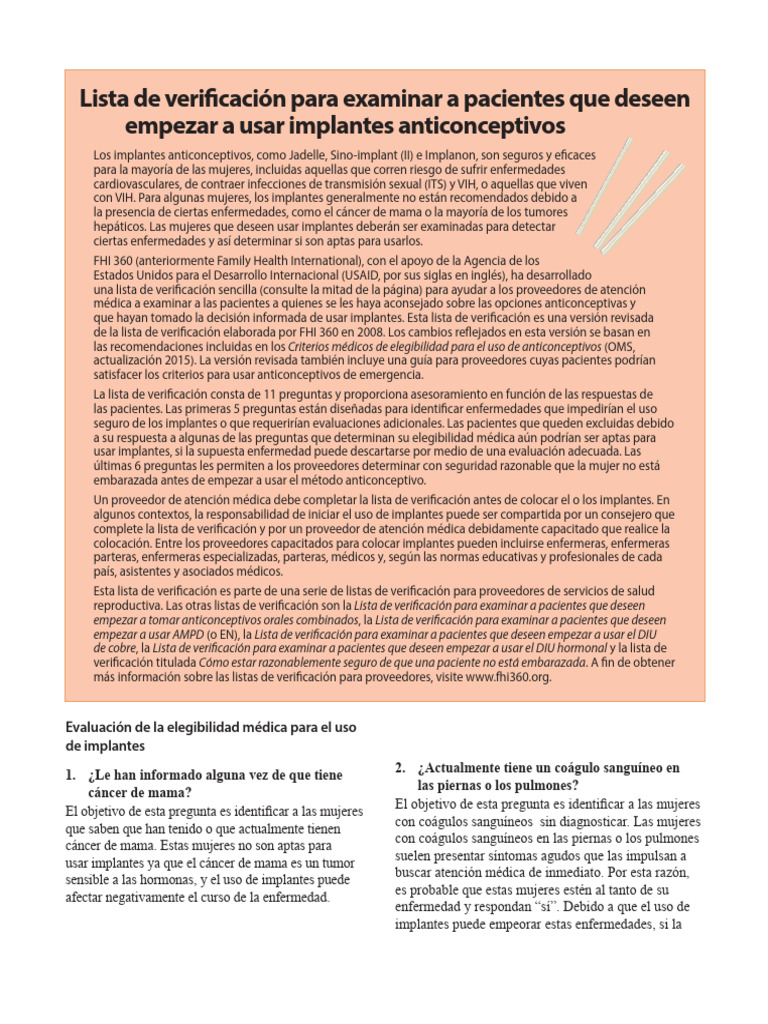 Checklist Implants Spanish (1) | PDF | Control de la natalidad | El ...