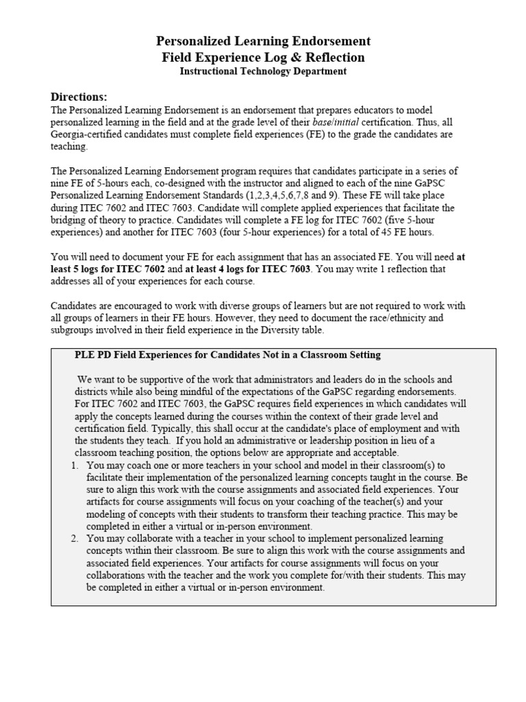 Itec 7603 Shelly Carter - Ple Field Experience Log Itec 7603 | PDF | Teachers | Learning