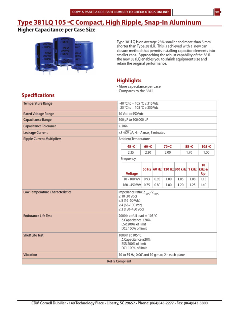 CDE (Snap-In) 381LQ Series | PDF | Capacitance | Capacitor