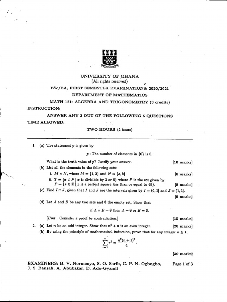 University of Ghana Math Exam 2020-21 | PDF | Mathematics | Logic