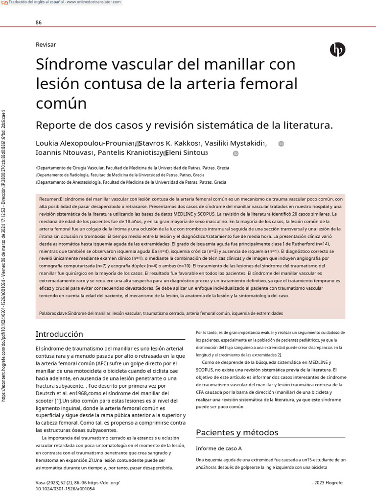 Síndrome Vascular Del Manillar Con Lesión Contusa de La Arteria Femoral ...