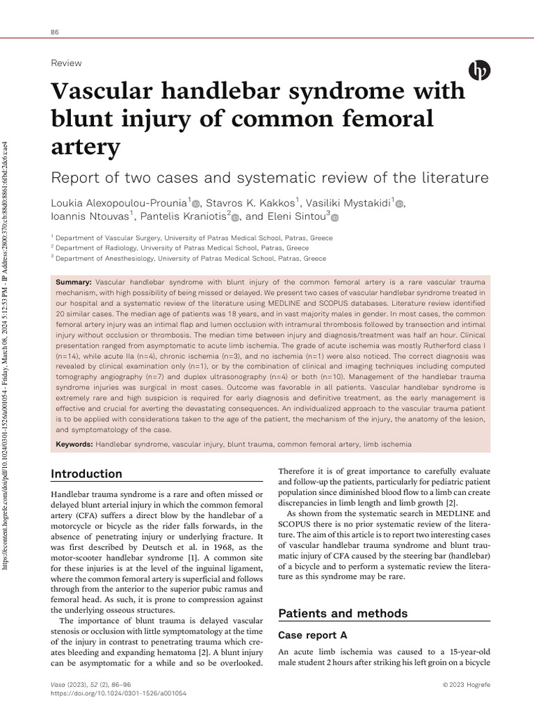 Vascular Handlebar Syndrome With Blunt Injury of Common Femoral Artery ...