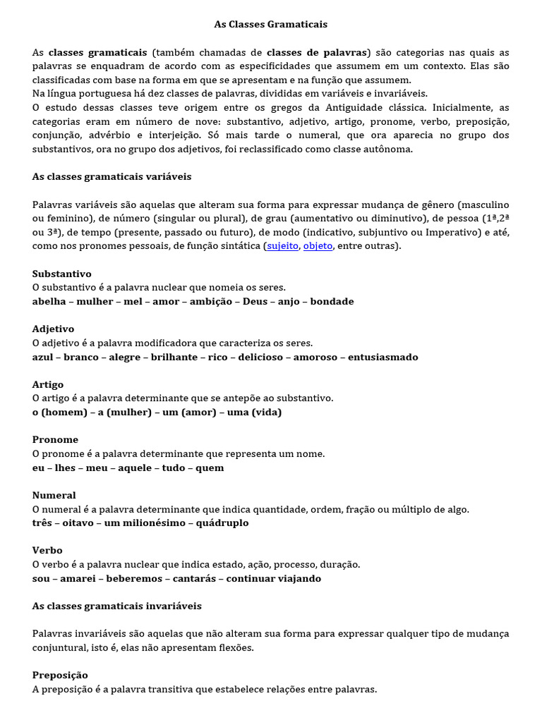 1 - As Classes Gramaticais | PDF | Classe gramatical | Pronome