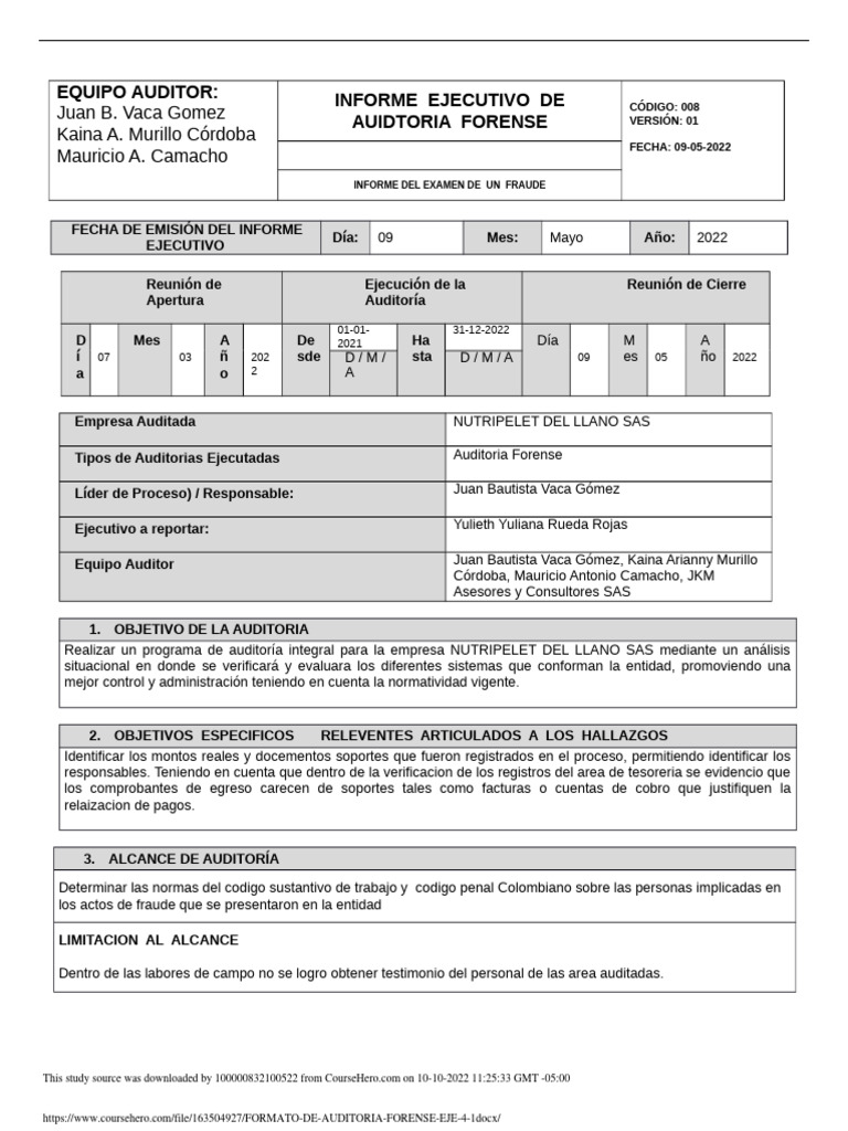 Formato de Auditoria Forense Eje 4 1 | Descargar gratis PDF | Auditoría | Negocios económicos