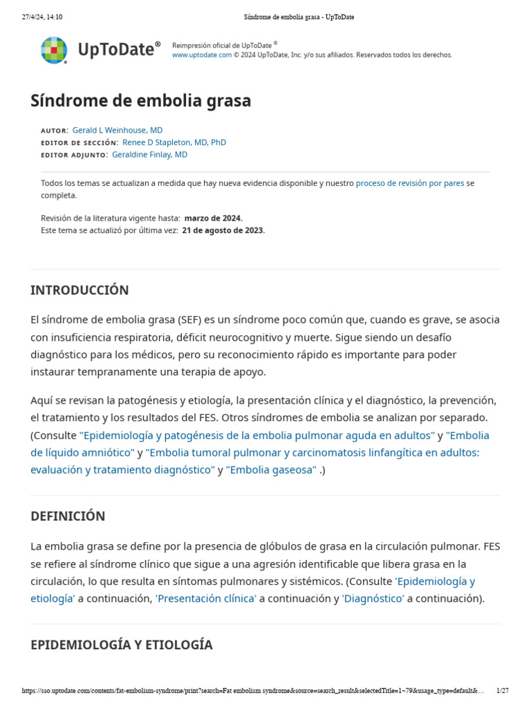 Síndrome de Embolia Grasa - UpToDate | PDF | Medical Diagnosis | Pneumonia