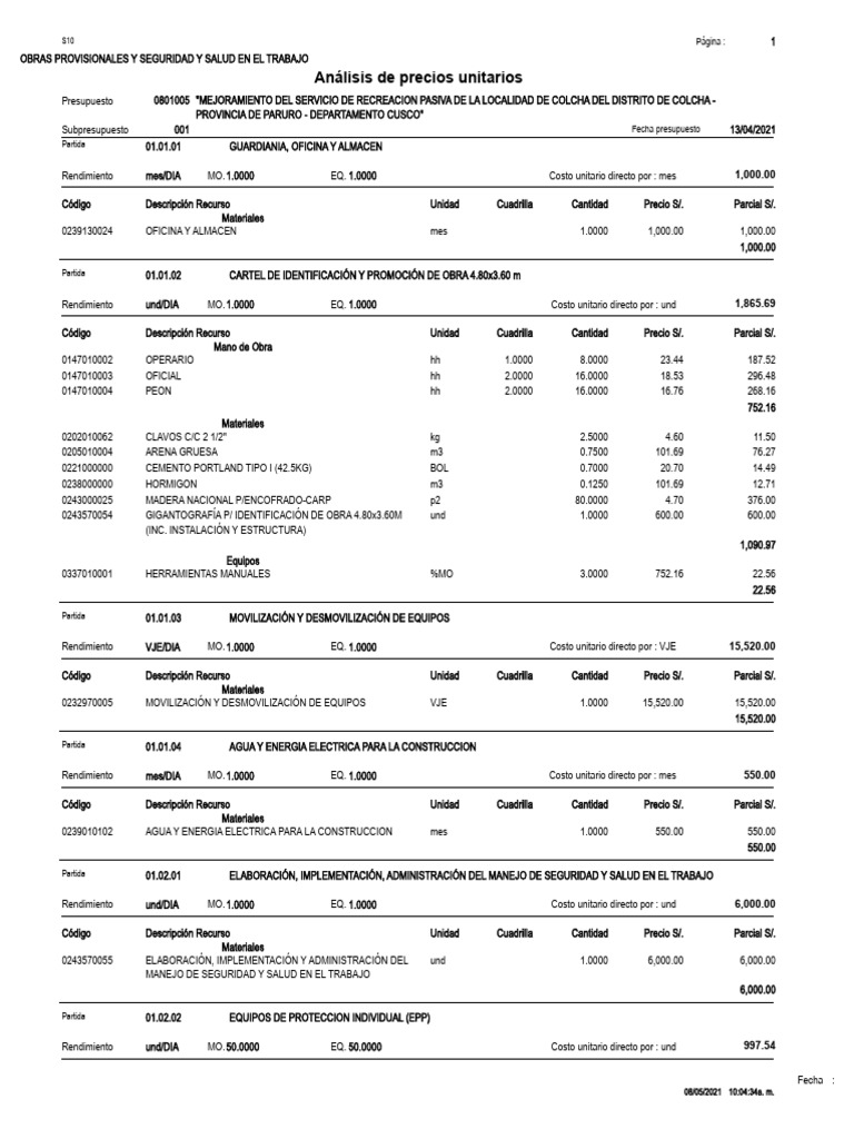 01 Acu Obras Provisionales | PDF | Presupuesto