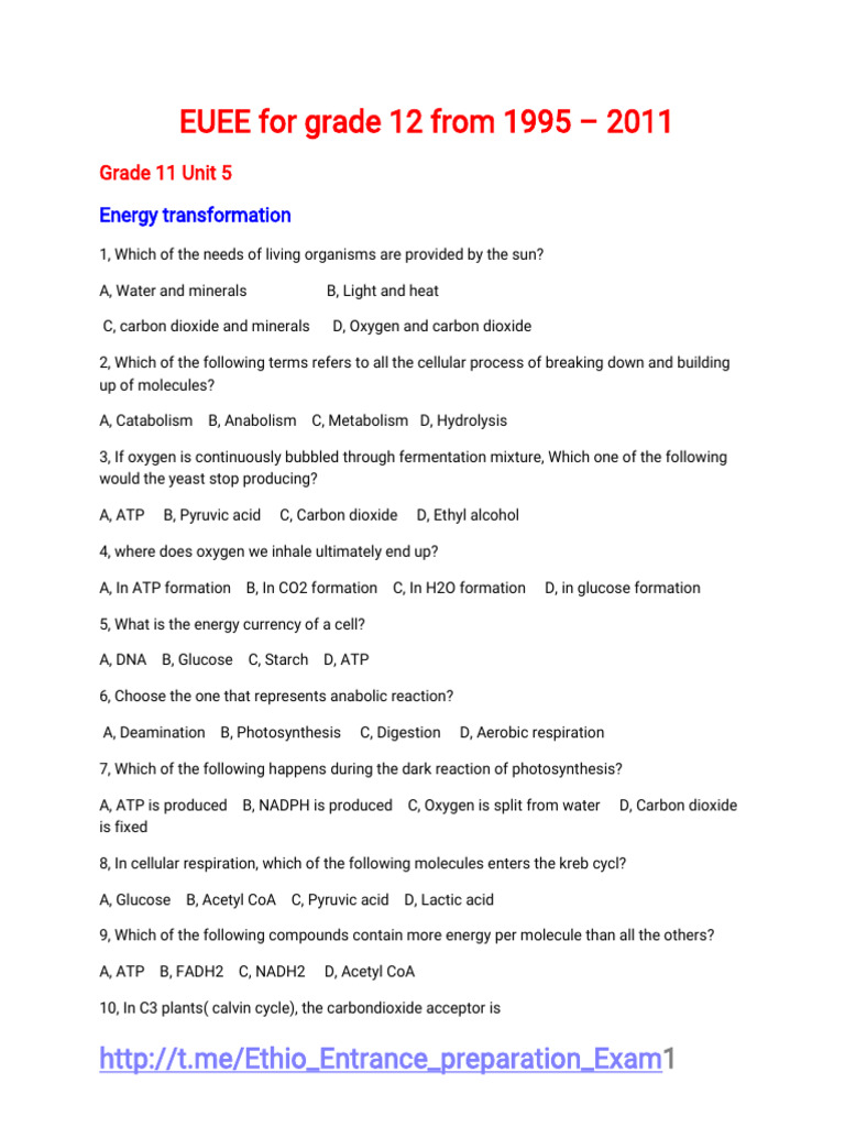 Bio G 11 U 5 EUEE From 1995 2011 by Ethio Entrance Preparation Exam ...