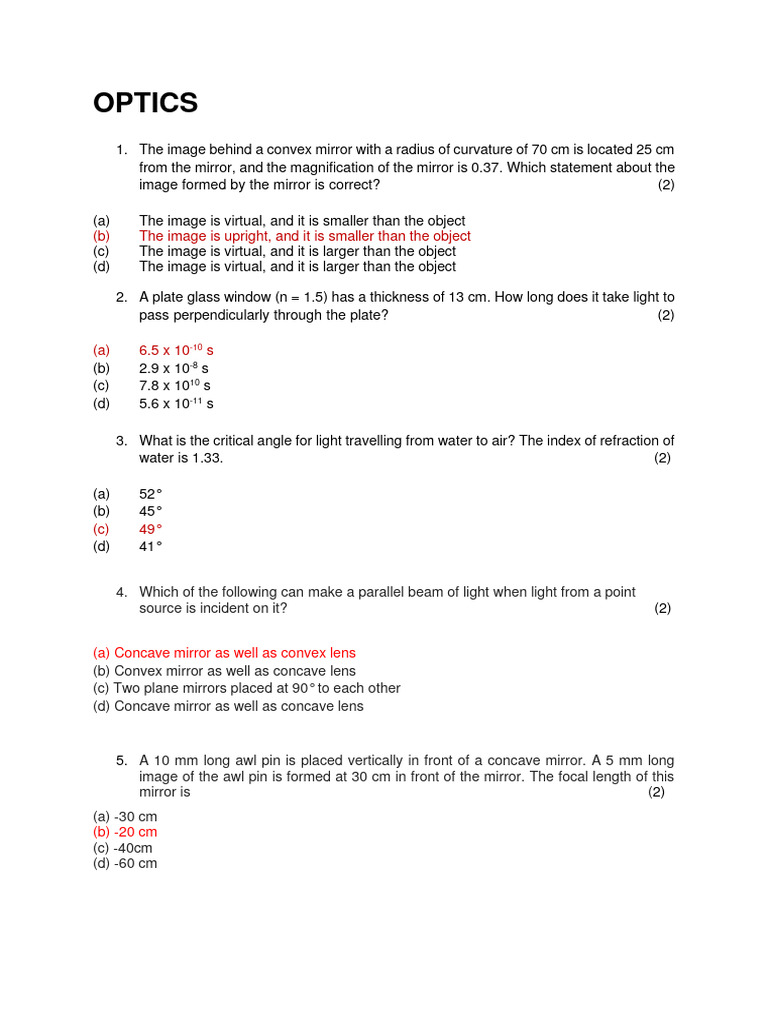 EPH105C Questions +SOlutions - Optics - 2023 | PDF | Mirror | Optics